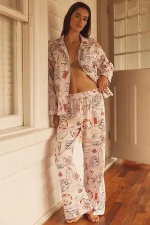 LYREBIRD By Cloud Flannel Pajama Pants - Phthalo Ruth Dinner Party Print