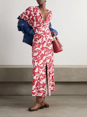 La DoubleJ Mother Twist-front Printed Midi Dress - Red