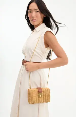Veronica Beard Lock Rattan Box Clutch - Natural Wicker Hazelwood