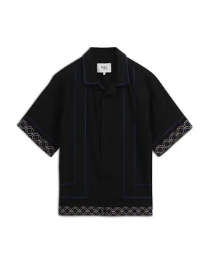 WAX LONDON Lido Border Print Camp Shirt - Black/blue