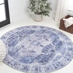 JONATHAN Y Alanya Ornate Medallion Machine-washable Round Area Rug - Navy/cream