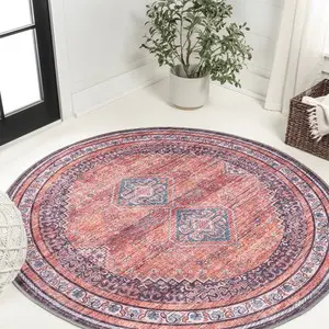JONATHAN Y Dalyan Geometric Medallions Machine-washable Round Area Rug - Terra/navy