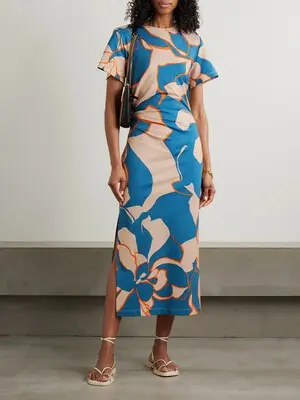 La DoubleJ Mother Lela Ruched Printed Cotton-blend Jersey Midi Dress - Blue