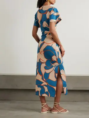 La DoubleJ Mother Lela Ruched Printed Cotton-blend Jersey Midi Dress - Blue