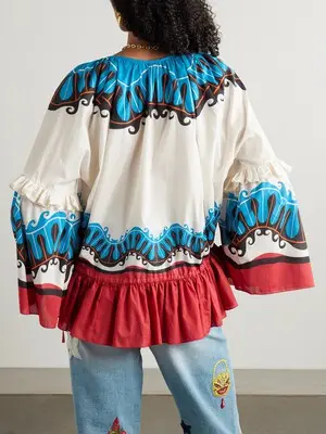 La DoubleJ Mother Boho Tie-detailed Printed Cotton Peplum Blouse