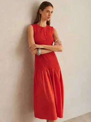 REISS Annabel Petite Cotton Shirred Midi Dress - Red