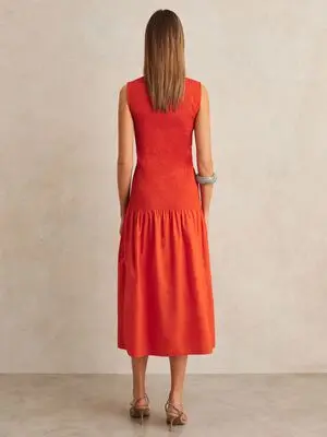 REISS Annabel Petite Cotton Shirred Midi Dress