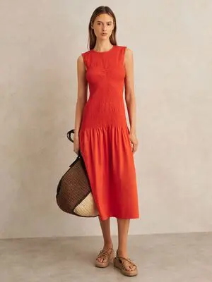 REISS Annabel Petite Cotton Shirred Midi Dress
