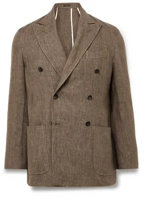 Rubinacci Unstructured Double-breasted Linen Suit Jacket - Brown
