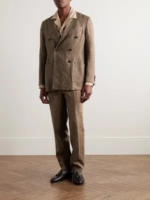Rubinacci Unstructured Double-breasted Linen Suit Jacket - Brown