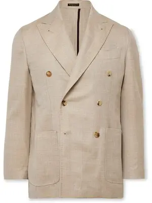Rubinacci Unstructured Double-breasted Herringbone Virgin Wool, Silk And Linen-blend Blazer - Neutrals