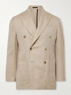 Rubinacci Unstructured Double-breasted Herringbone Virgin Wool, Silk And Linen-blend Blazer