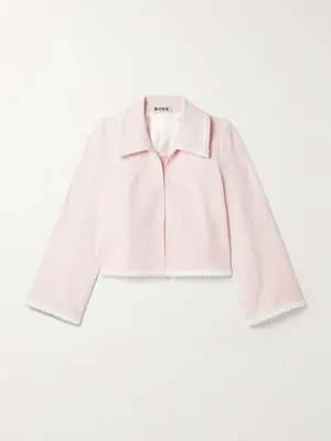 BODE Cropped Appliquéd Striped Cotton-blend Seersucker Jacket - Baby Pink