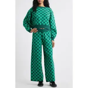 DRESSED IN LALA Checkerboard Knit Sweater And Wide-leg Pants Set - Green Check