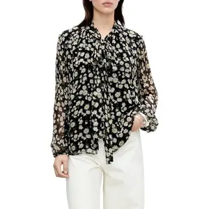 Mango Belle Floral Chiffon Tie Neck Top - Black