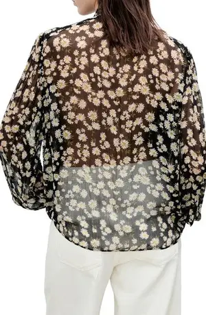 Mango Belle Floral Chiffon Tie Neck Top - Black