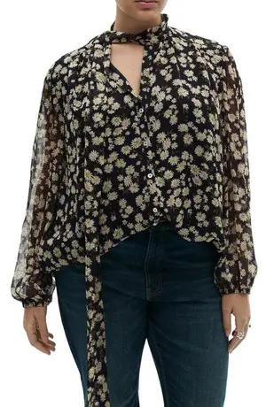 Mango Belle Floral Chiffon Tie Neck Top - Black