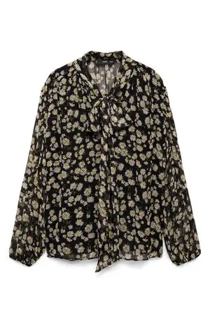 Mango Belle Floral Chiffon Tie Neck Top - Black