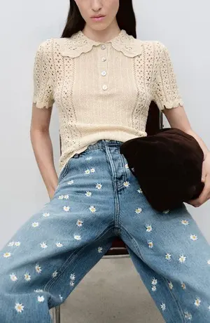 Mango Embroidered Wide Leg Jeans