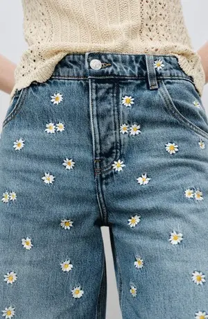 Mango Embroidered Wide Leg Jeans