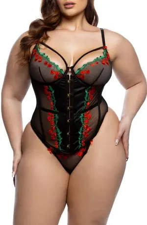 ROMA CONFIDENTIAL Cherry Delight Corset & G-string Set - Black/ Multi