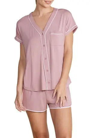 Barefoot Dreams Malibu Collection® Soft Jersey Piped Pajamas - Teaberry-white