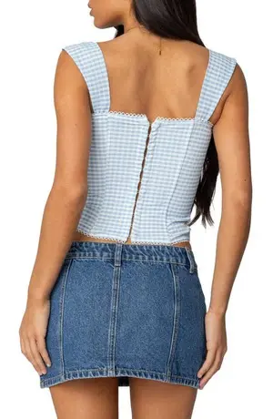 EDIKTED Marcella Gingham Mesh Corset Top - Light-blue