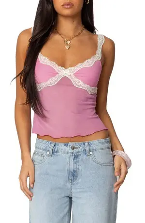 EDIKTED Lace Trim Mesh Camisole - Pink