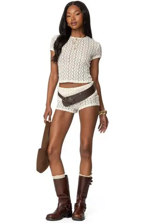 EDIKTED Rye Stretch Lace Sheer T-shirt - Cream