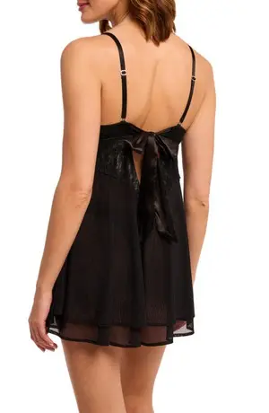 MONTELLE INTIMATES Lacy Babydoll Chemise & Thong Set - Black