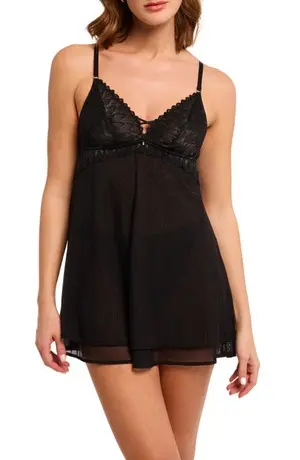 MONTELLE INTIMATES Lacy Babydoll Chemise & Thong Set - Black