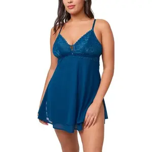 MONTELLE INTIMATES Lacy Babydoll Chemise & Thong Set - Peacock