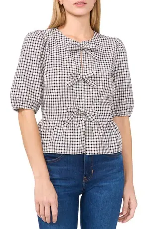 CECE DUPRAZ Gingham Bow-detailed Cotton Peplum Top