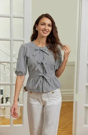 CECE DUPRAZ Gingham Bow-detailed Cotton Peplum Top