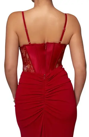 JLUXLABEL Incomparable Lace Inset Satin Bodysuit - Red