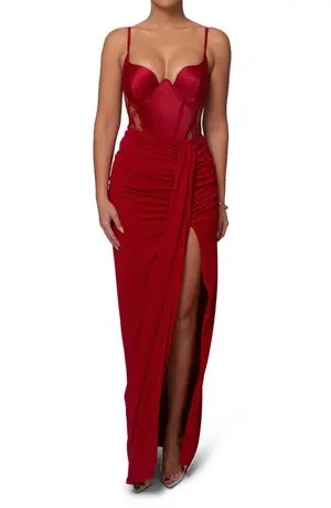 JLUXLABEL Incomparable Lace Inset Satin Bodysuit - Red