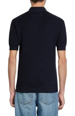 Zegna Waffle Knit Premium Cotton Polo Sweater - Navy Solid