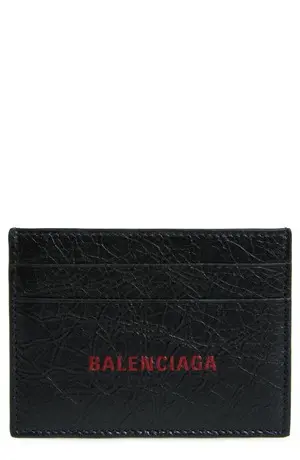 Balenciaga Cash Logo Leather Card Case - Black/ L Cherry Red
