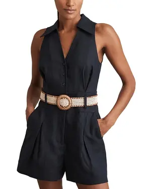 REISS Anjie Linen Playsuit - Navy