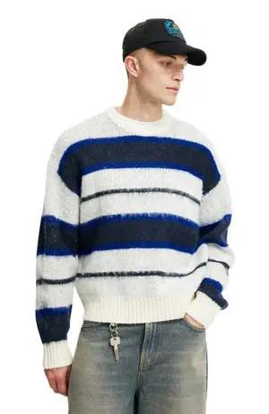 COTTON ON Box Fit Fuzzy Crew Knit - Blue Stripe