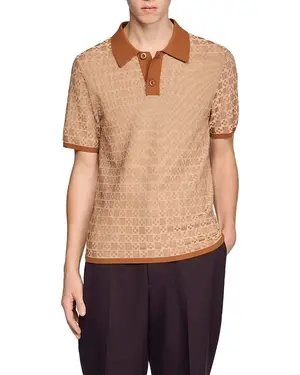 Sandro Square Cross Jacquard Polo Shirt - Camel