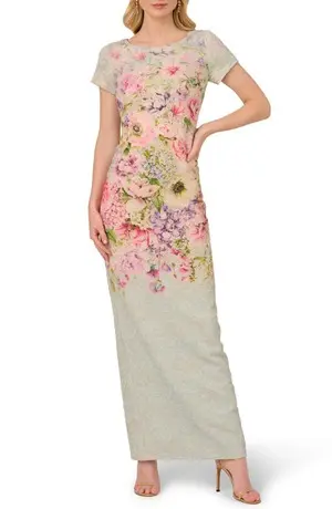 Adrianna Papell Floral Jacquard Metallic Matelasse Column Gown