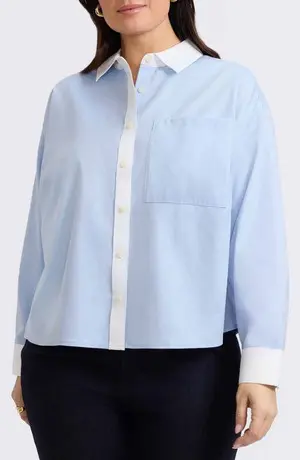 Foxcroft Marina Contrast Trim Cotton Button-up Shirt - Soft Blue