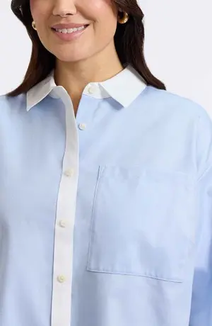 Foxcroft Marina Contrast Trim Cotton Button-up Shirt - Soft Blue