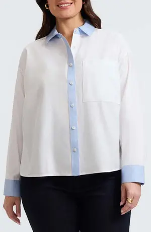 Foxcroft Marina Contrast Trim Cotton Button-up Shirt - White