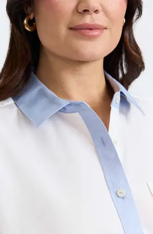 Foxcroft Marina Contrast Trim Cotton Button-up Shirt - White
