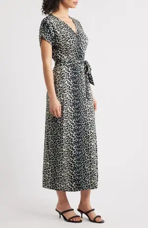 Loveappella Leopard Print Faux Wrap Midi Dress - Black/ Grey