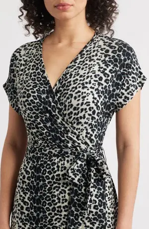 Loveappella Leopard Print Faux Wrap Midi Dress - Black/ Grey