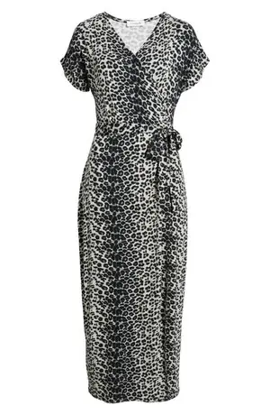 Loveappella Leopard Print Faux Wrap Midi Dress - Black/ Grey