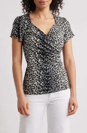 Loveappella Leopard Print Faux Wrap Top